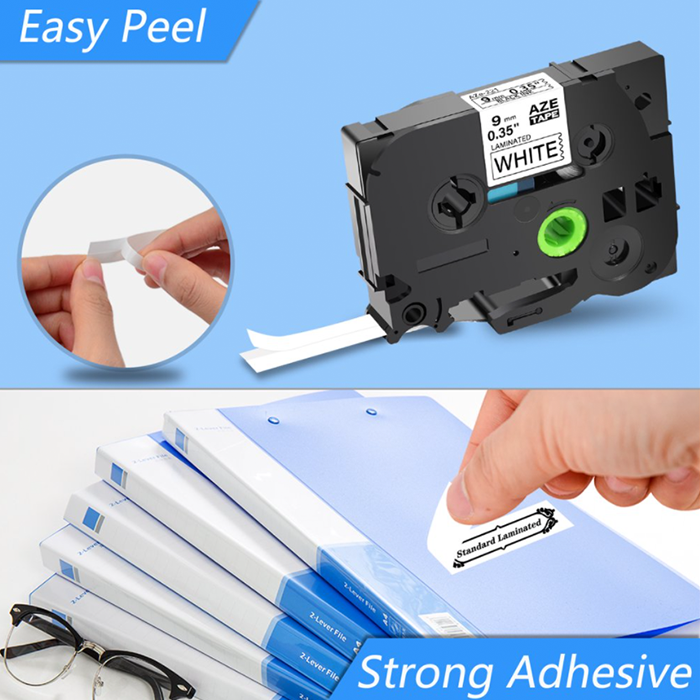 Aze-221 Strong Adhesive Laminated Label Tape - Black on White 9mm ...